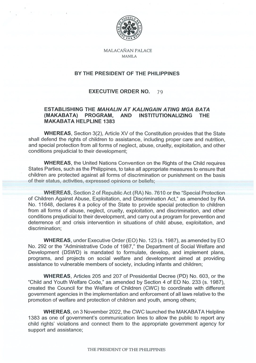 PBBM Establishes MAKABATA Program to Protect Children