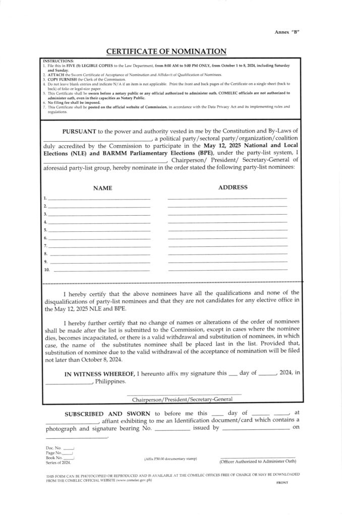 Know the COMELEC CONA Certificate of Nomination and Acceptance