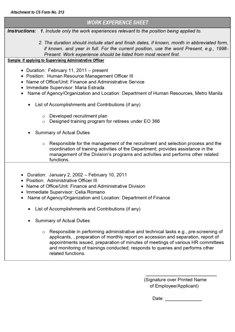 CSC Work Experience Sheet Download Form - Assistance.PH