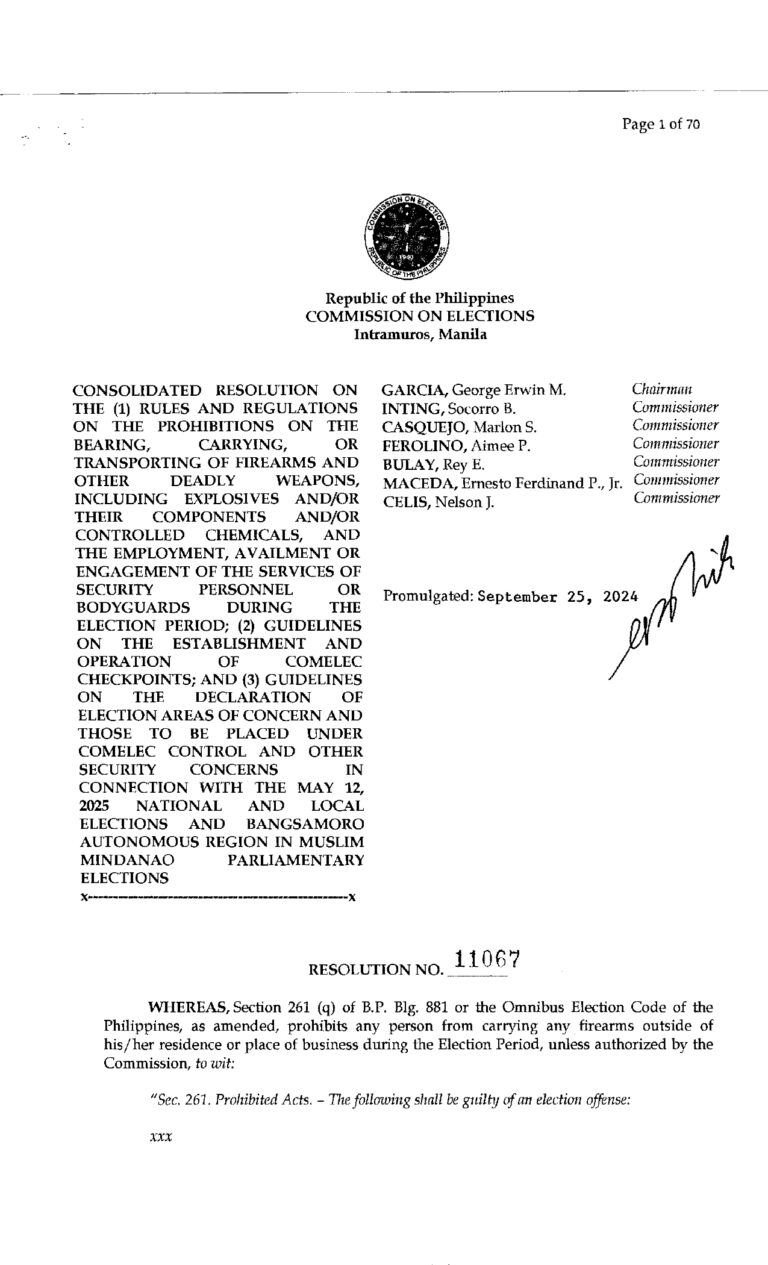 COMELEC Resolution 11067: Election Gun Ban and Security Rules